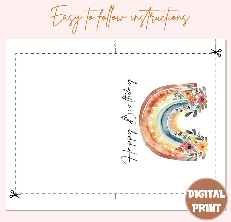 Printable Boho Rainbow Birthday Card, Happy Birthday Greeting Card ...
