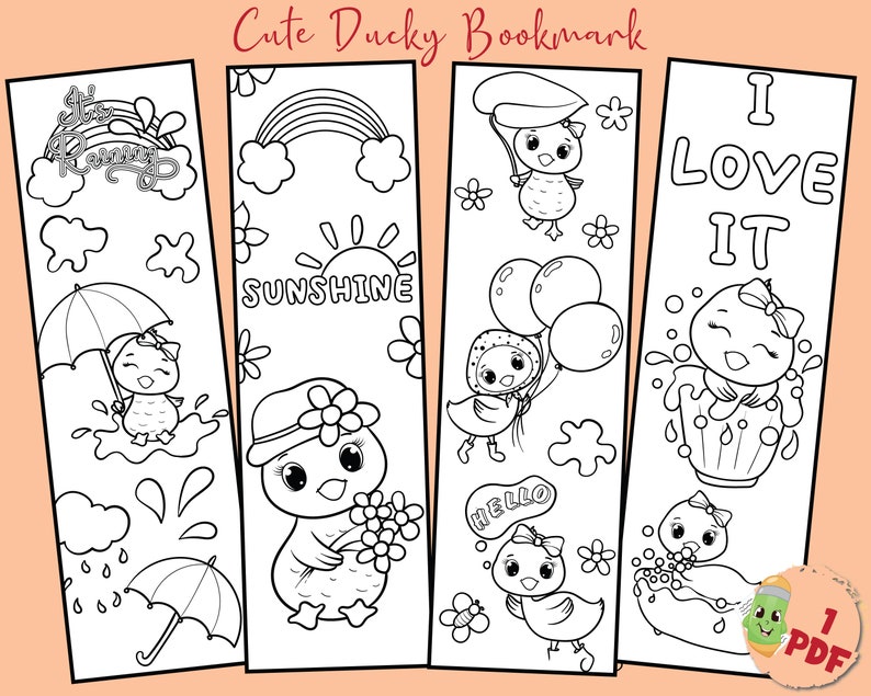 Printable Cute Duck Coloring Bookmarks for Kids, Baby Ducky, Summer ...