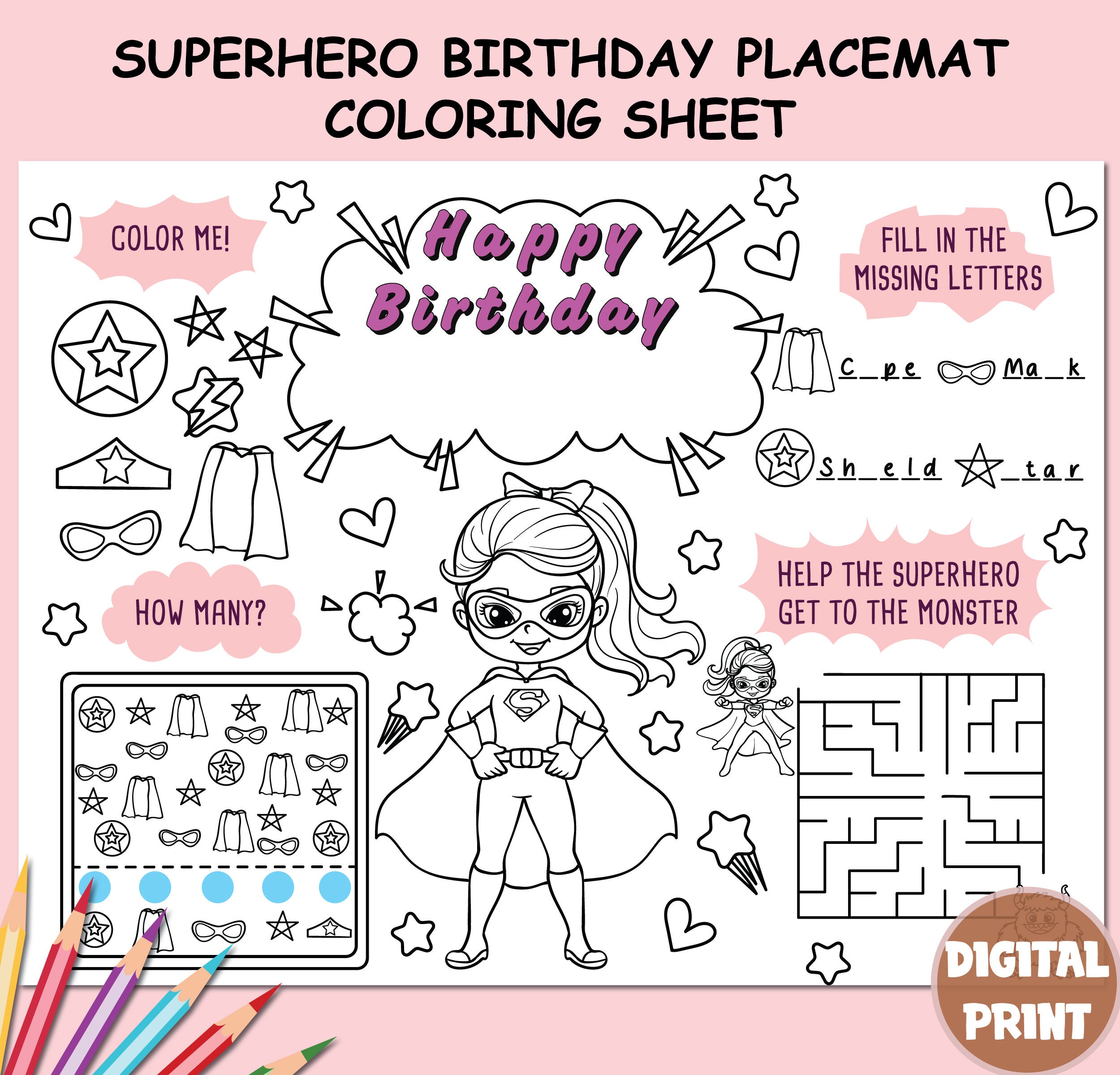 Printable Superhero Girl Happy Birthday Palcemat Coloring Acitivity ...