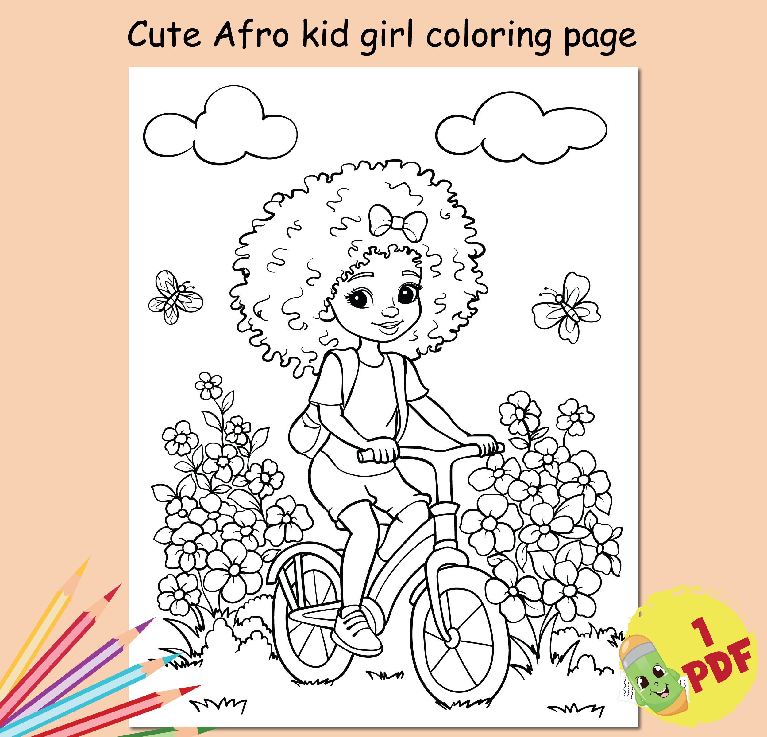 Printable Cute Afro Kid Girl Coloring Page for Kids, Girl on Bike ...