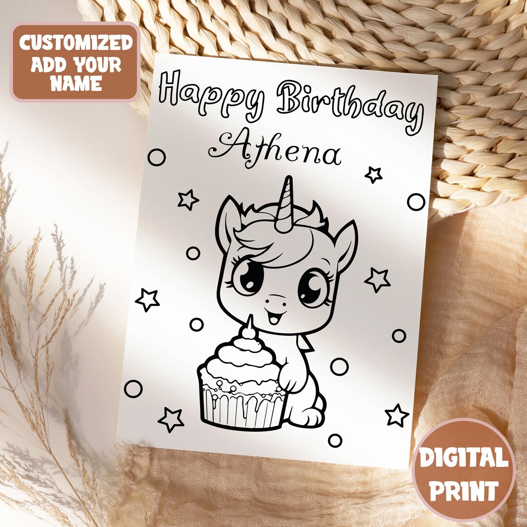 Printable Cute Unicorn Happy Birthday Card Coloring Pages, Personalized ...
