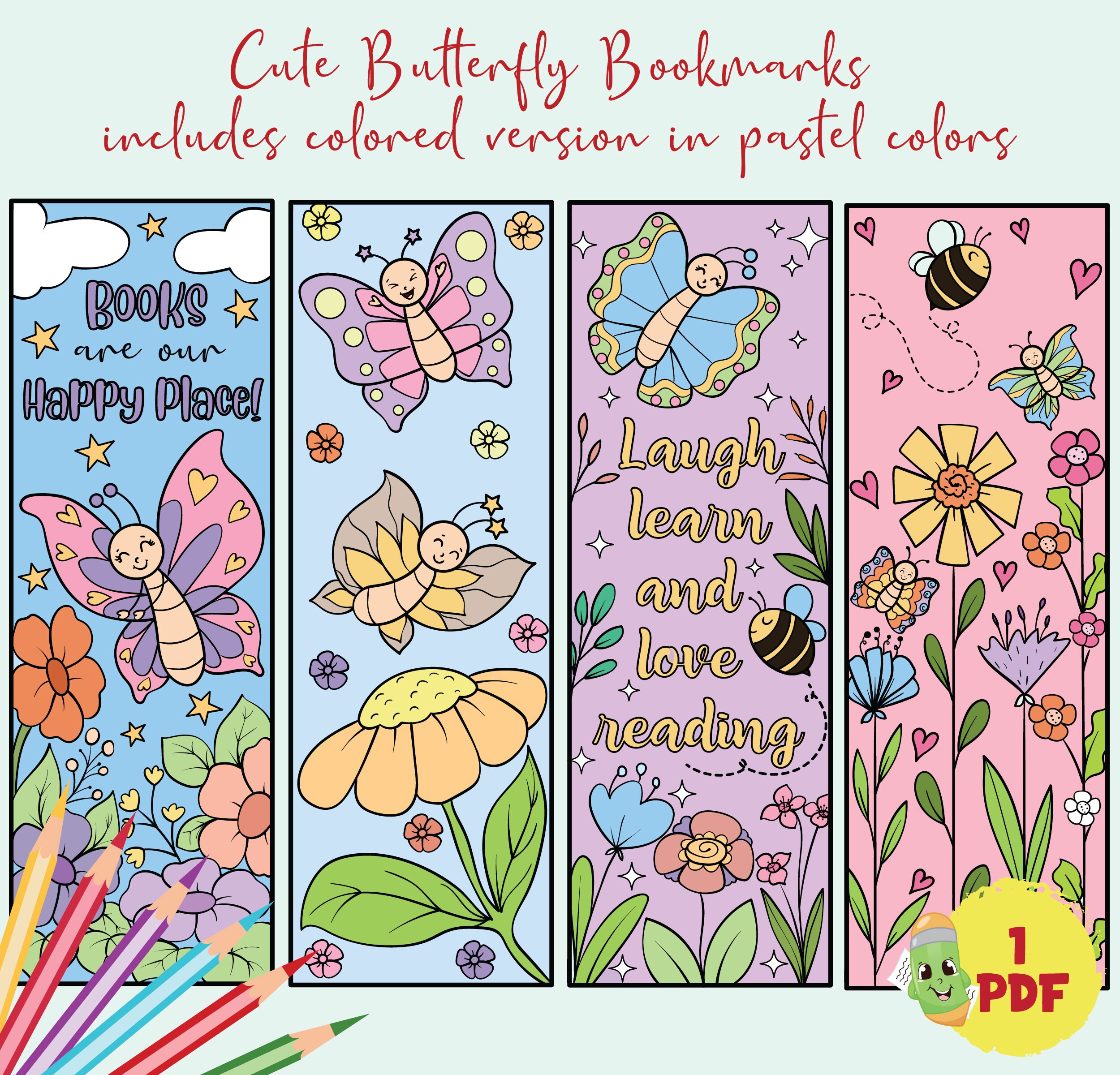 Printable Cute Butterfly and Bee Coloring Bookmarks for Kids, Insects ...