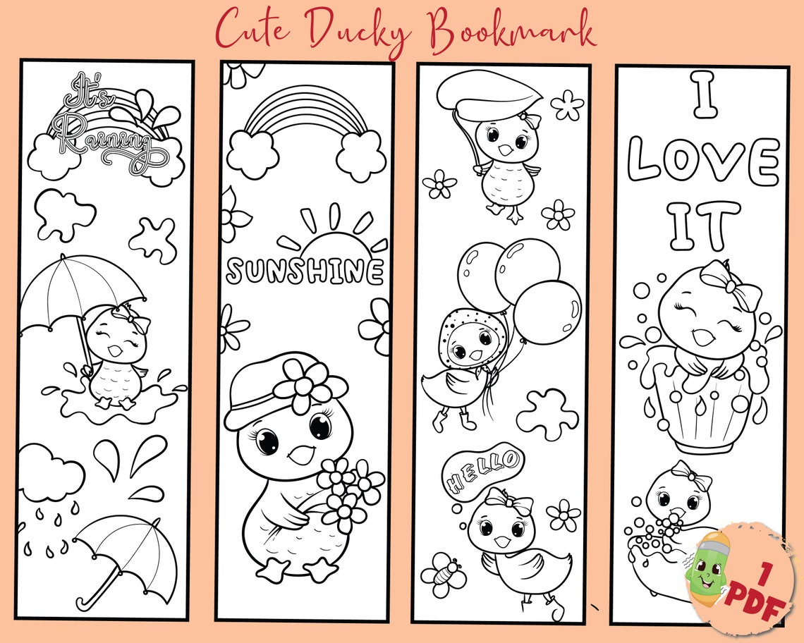 Printable Cute Duck Coloring Bookmarks for Kids, Baby Ducky, Summer ...