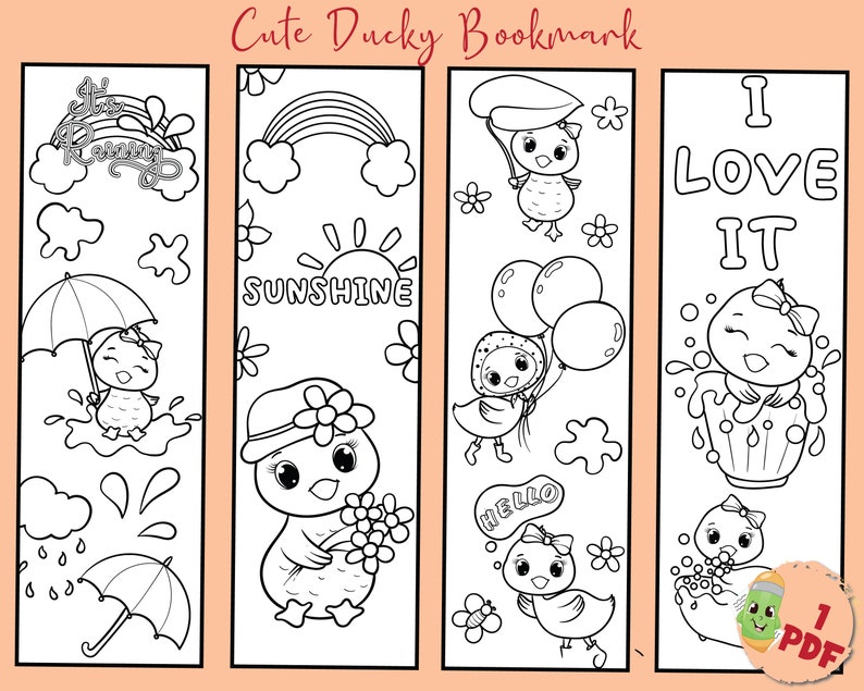 Printable Cute Duck Coloring Bookmarks for Kids, Baby Ducky, Summer ...