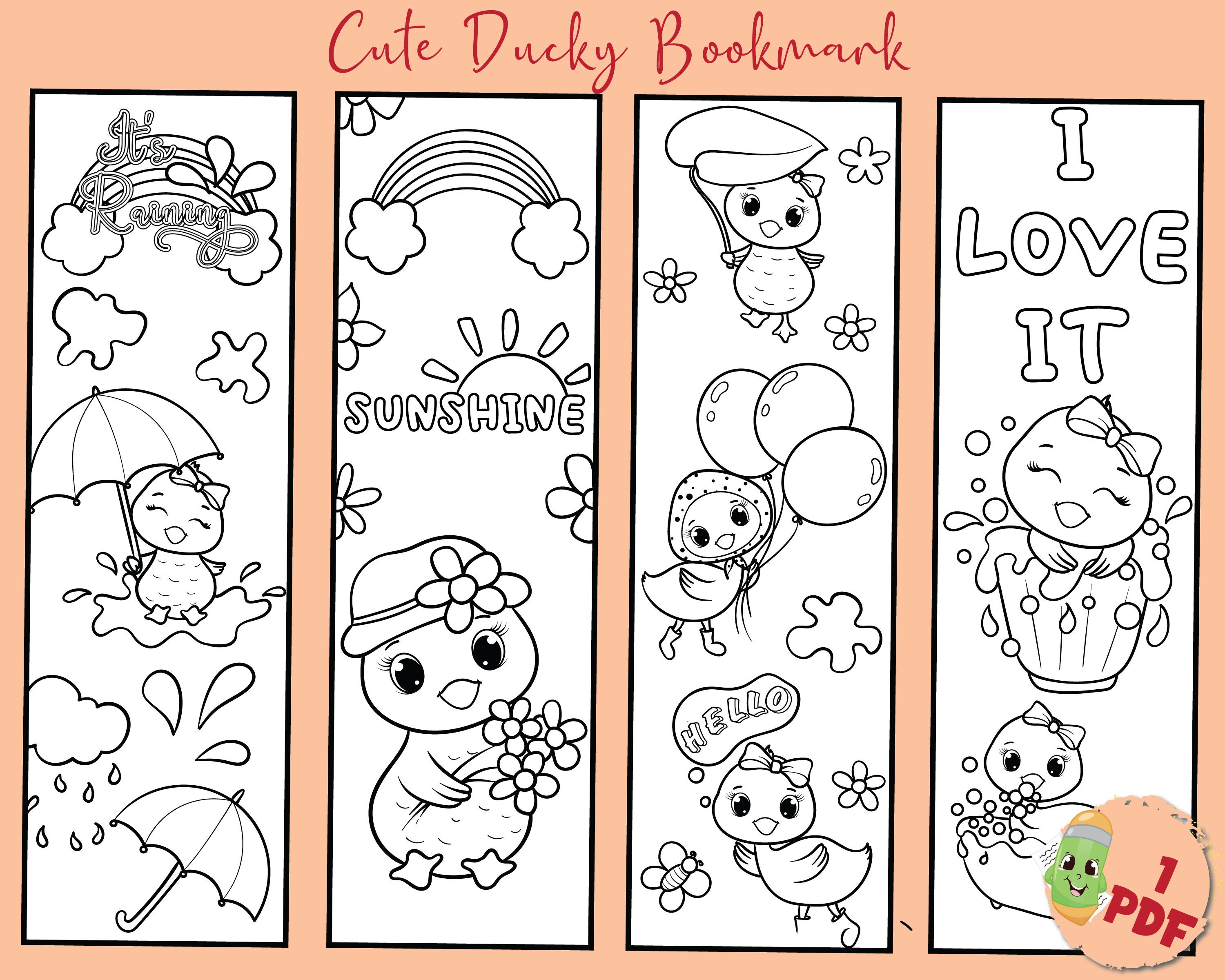 Printable Cute Duck Coloring Bookmarks for Kids, Baby Ducky, Summer ...