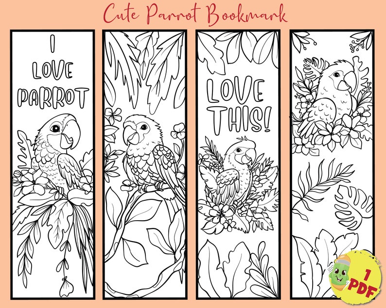 Printable Cute Parrot Bird Coloring Bookmarks for Kids, Activity Sheets ...