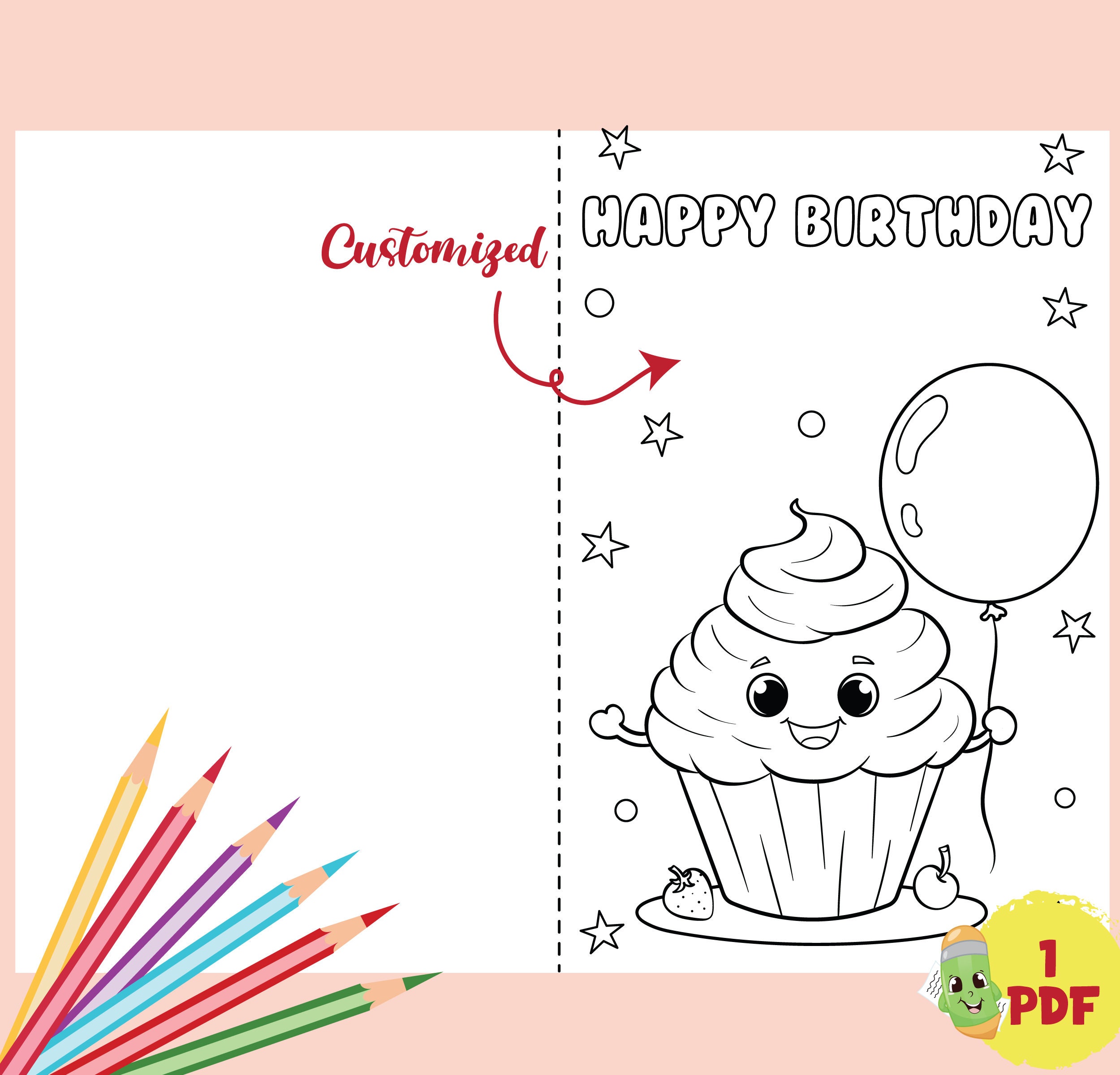 Printable Happy Birthday Card Coloring Pages, Personalized Card, Happy ...