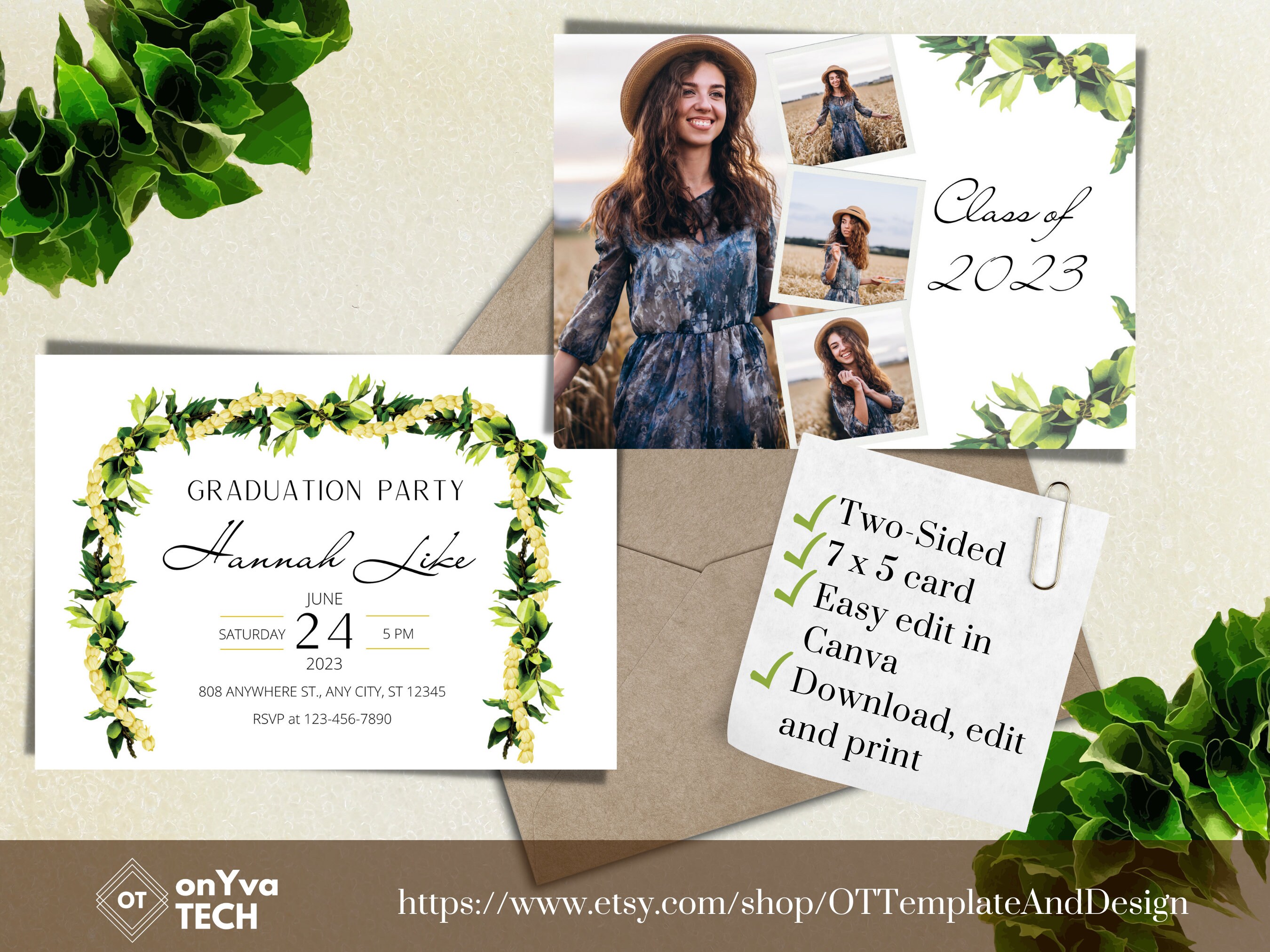 Graduation Invitation Card Maile Pikake Strand - 7 X 5 Canva Template ...