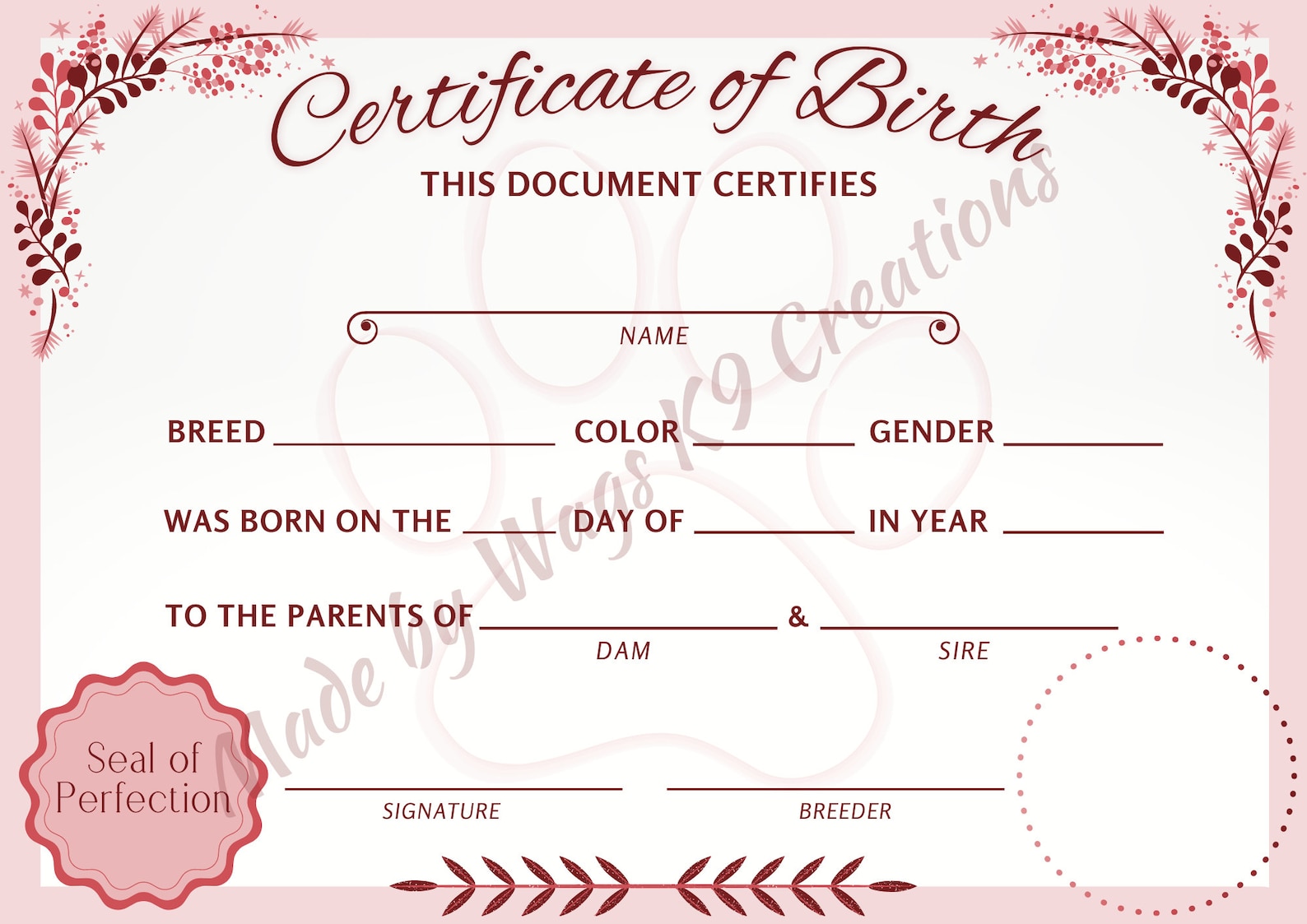 Digital Puppy Forms|fillable Puppy Forms|puppy Birth Certificate|dog ...