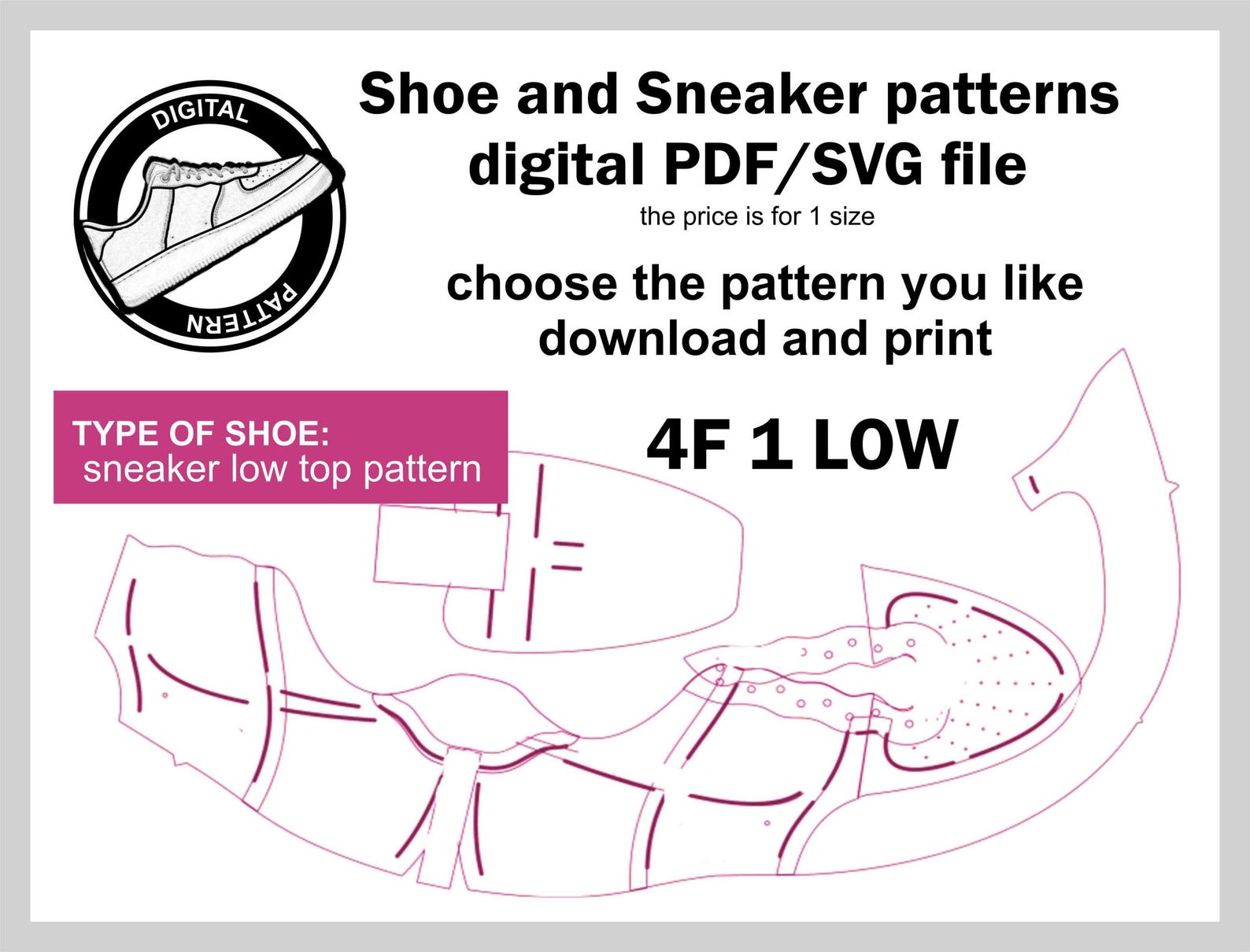Shoe , SNEAKER Digital Pattern - Just One Size Included-pdf SVG- A3 ...