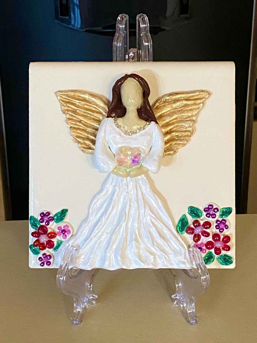 Angel Holding Heart Tile Art. Standing Angel Tile Art Display. Clay ...