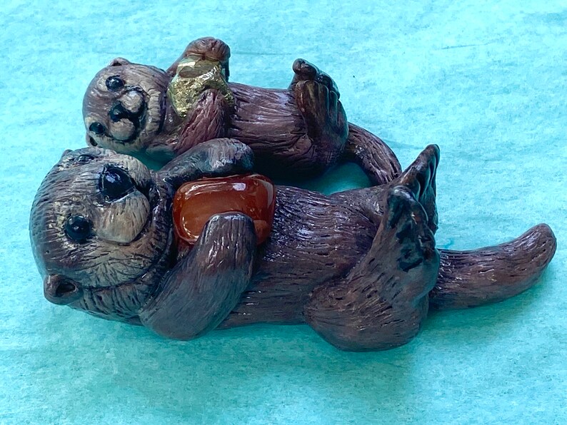 Gemstone Otter Mom and Baby Figurines. Carnelian and Pyrite Otter ...