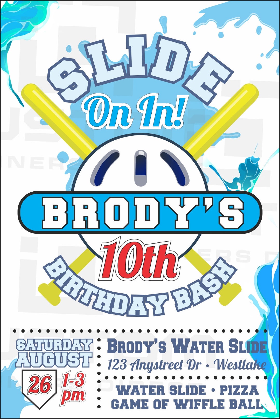 WE PRINT! Boys Wiffle Ball/water Slide 5"x7"/4"x6" Custom Birthday ...