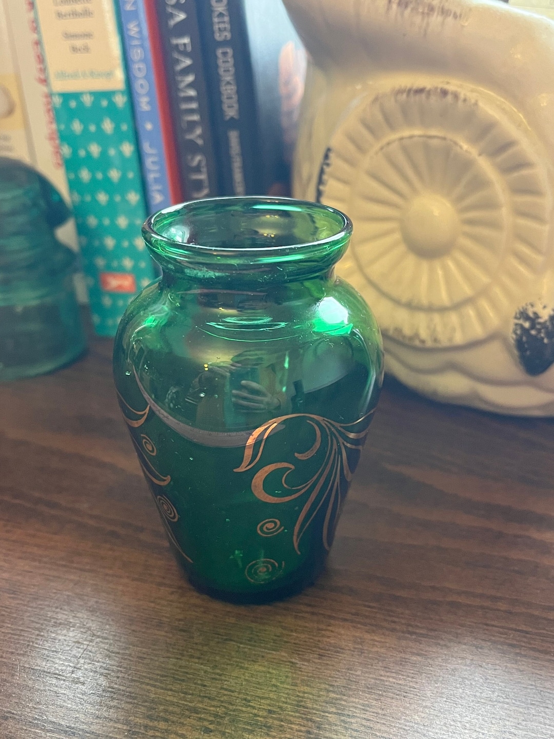Small Green Vase With Gold Pattern - Etsy
