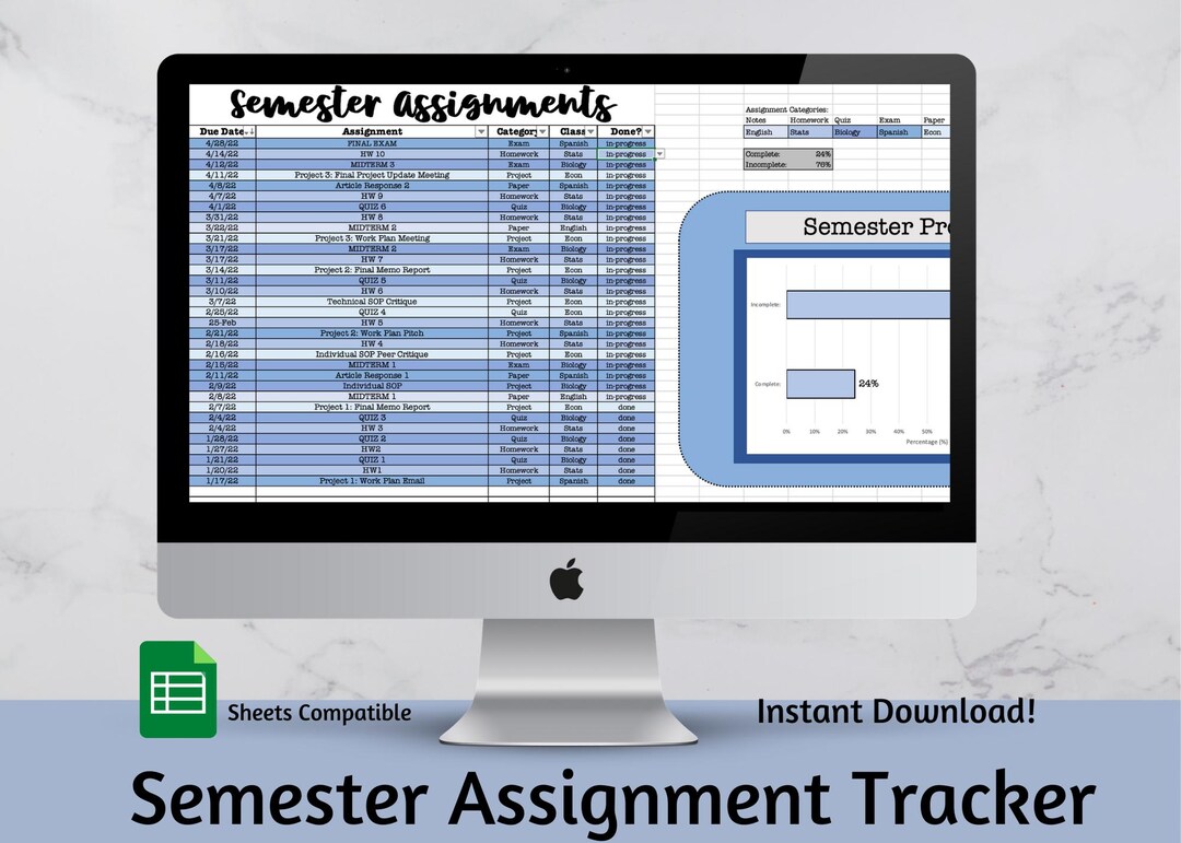 Digital Student Organizer Spreadsheet ,digital Download, Assignments ...