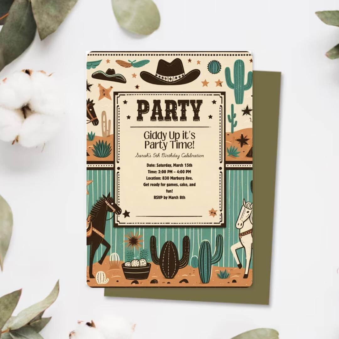 Western Cowboy Cowgirl Party Invitation, Children's Birthday Invite ...