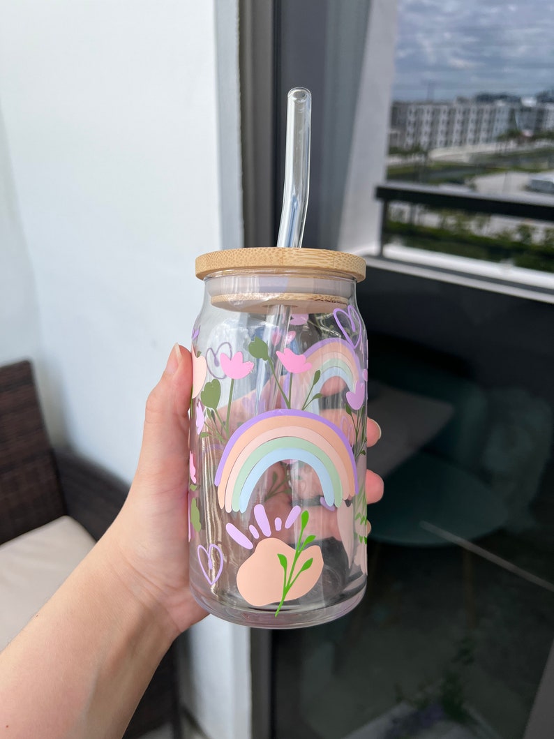 Flower Rainbow Design Glass Tumbler Can Beer Can Iced Coffee - Etsy