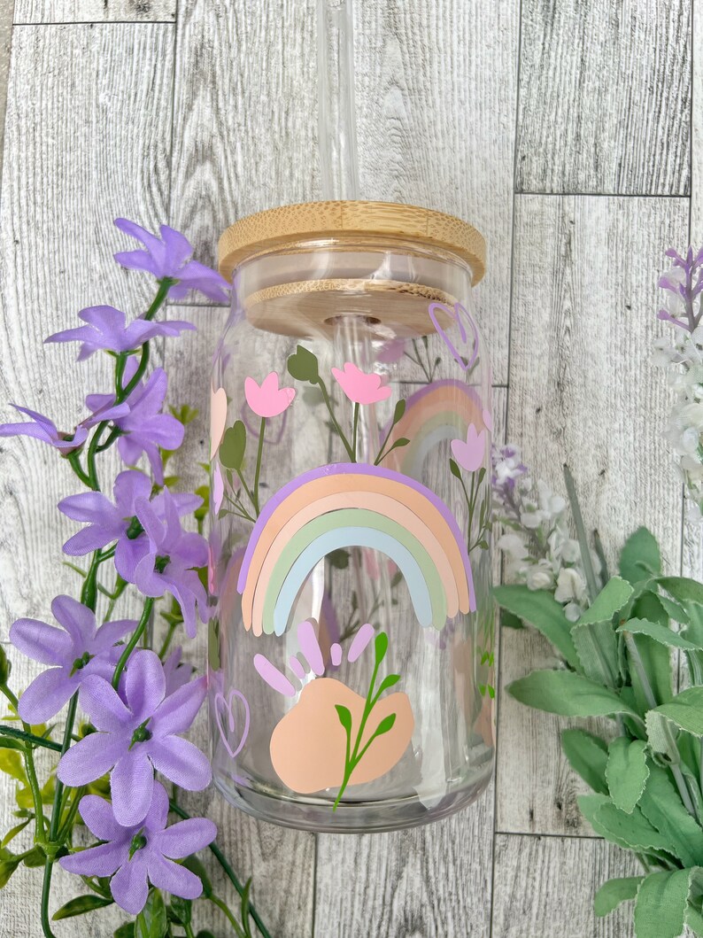 Flower Rainbow Design Glass Tumbler Can Beer Can Iced Coffee - Etsy