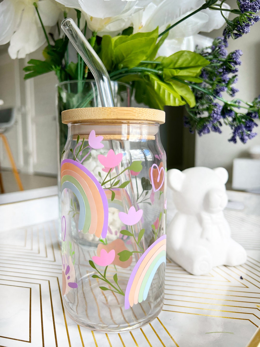 Flower Rainbow Design Glass Tumbler Can Beer Can Iced Coffee - Etsy