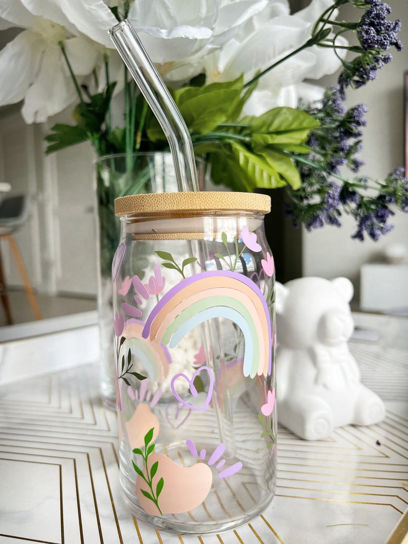 Flower Rainbow Design Glass Tumbler Can Beer Can Iced Coffee - Etsy