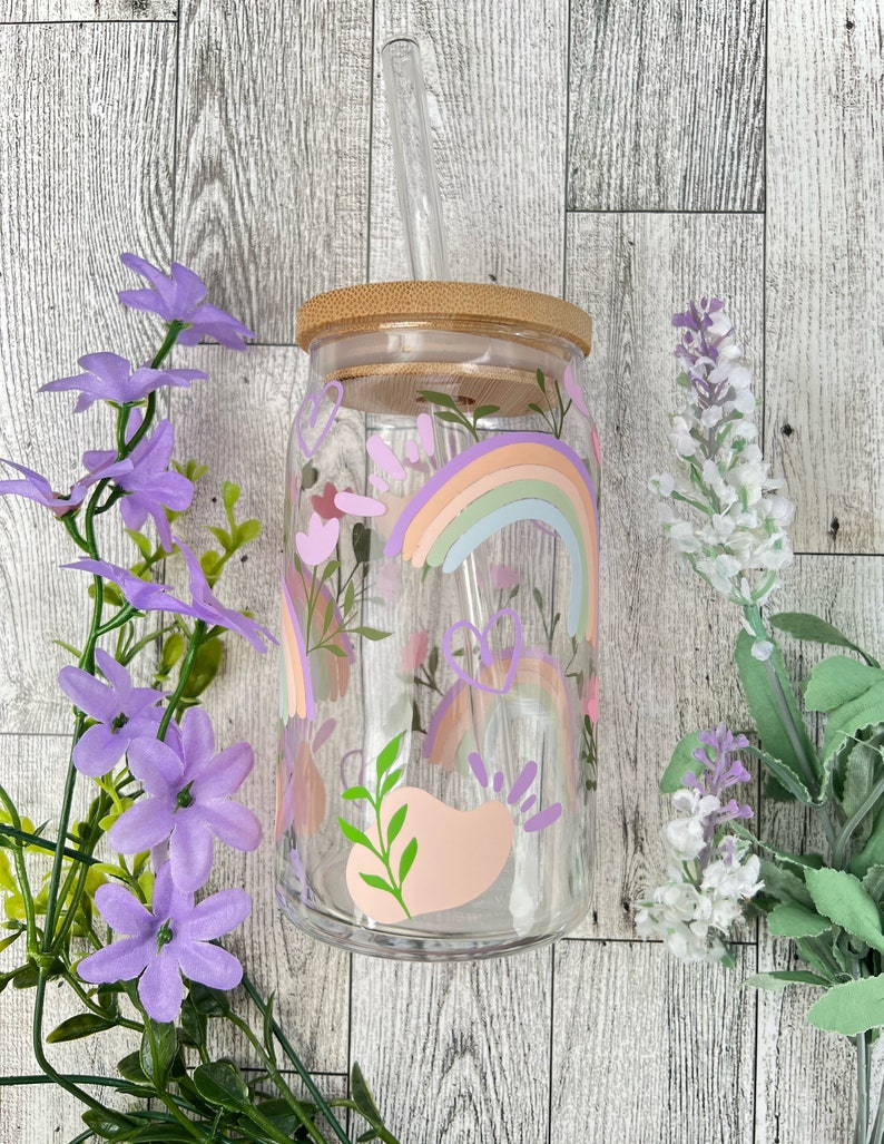 Flower Rainbow Design Glass Tumbler Can Beer Can Iced Coffee - Etsy