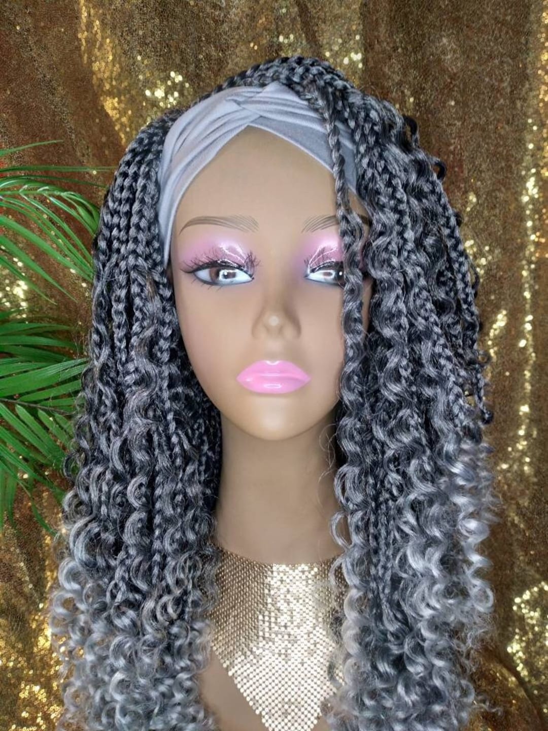 16" Gray Goddess Box Braid Headband Wigs Braided Wig for Black Women ...
