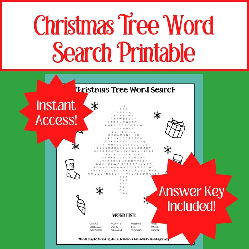 Christmas Tree Word Search Printable Activity Worksheet for Kids ...