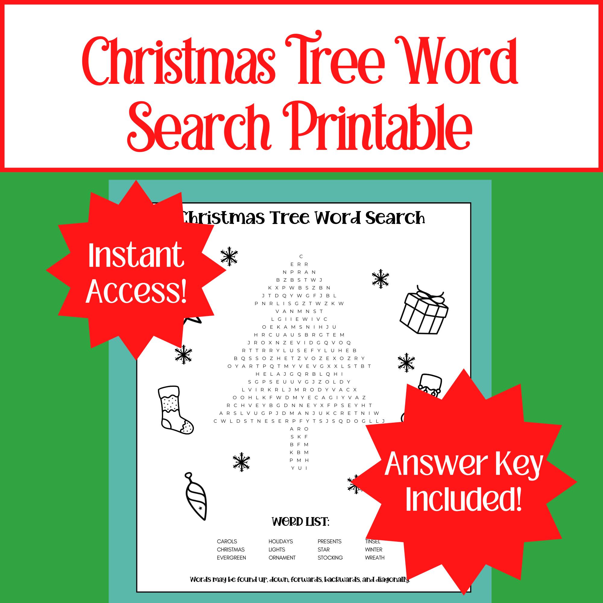 Christmas Tree Word Search Printable Activity Worksheet for Kids ...