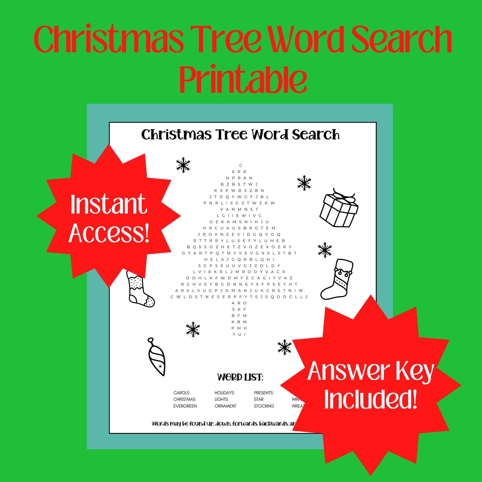 Christmas Tree Word Search Printable Activity Worksheet for Kids ...