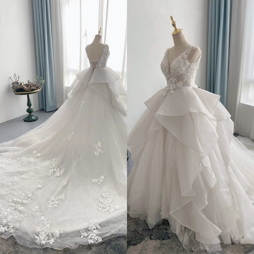 New Deep V-neck. Layers of Lace Appliqués and Train Tulle - Etsy