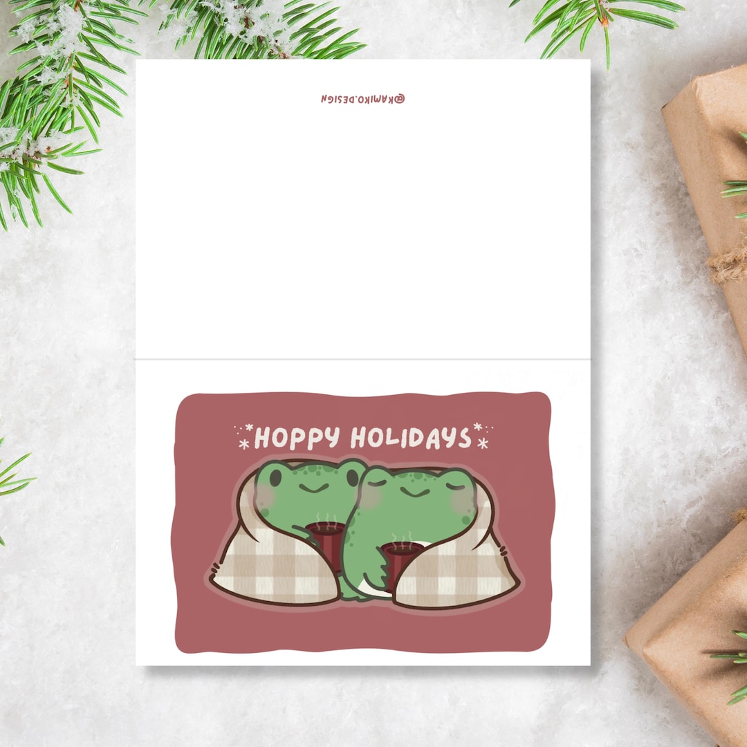 Hoppy Holidays Cute Frog Christmas Card Cozy Frogs Snuggling and ...