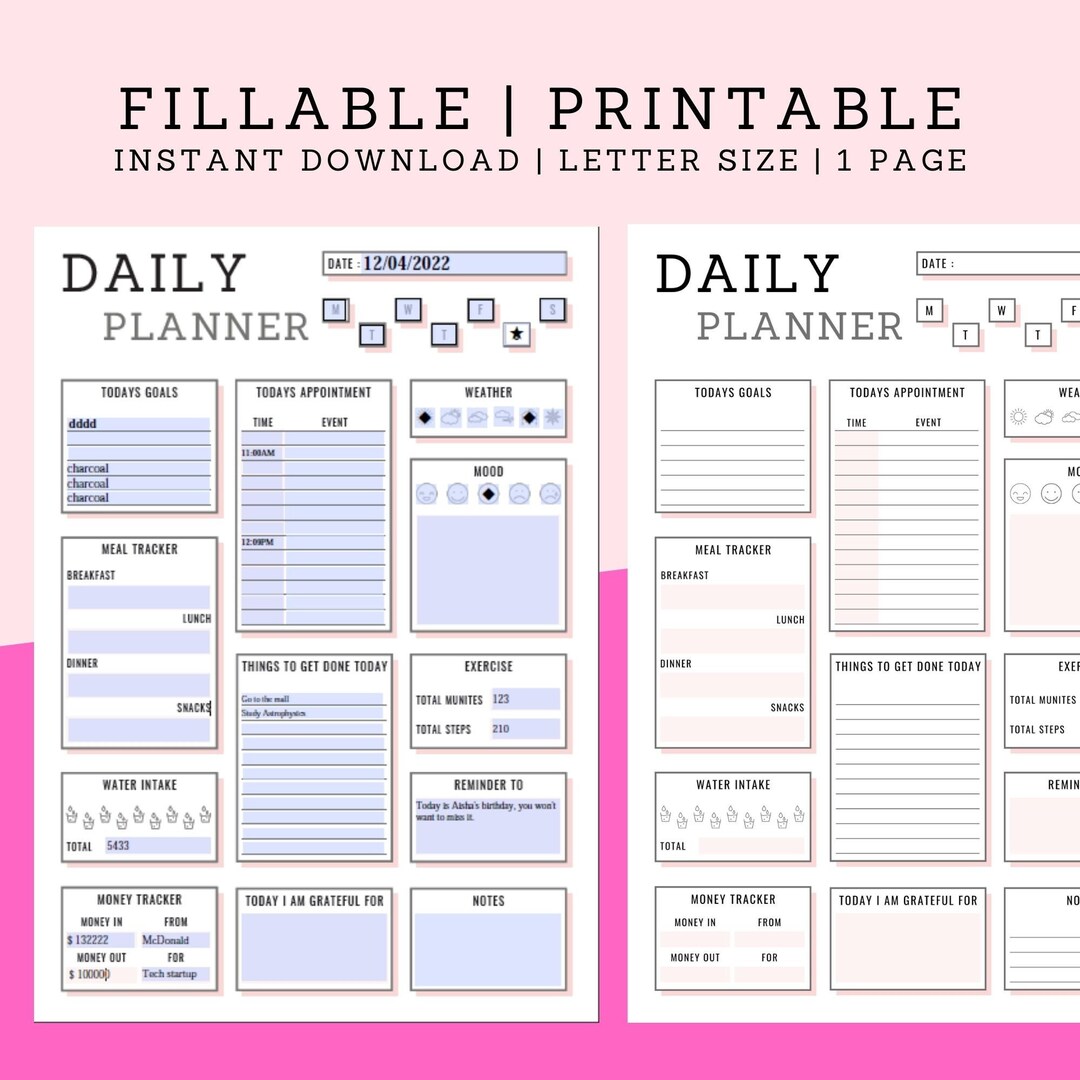 Fillable Daily Planner Hourly Printable | Editable Daily Planner ...