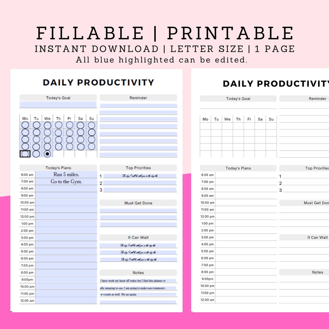 Daily Productivity Planner Printable | Editable Daily Planner Download ...