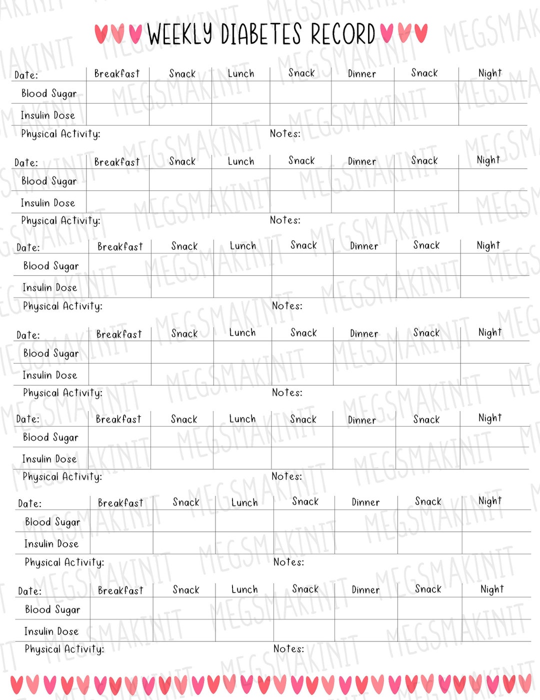 Printable Weekly Diabetes Record JPEG Digital File - Etsy