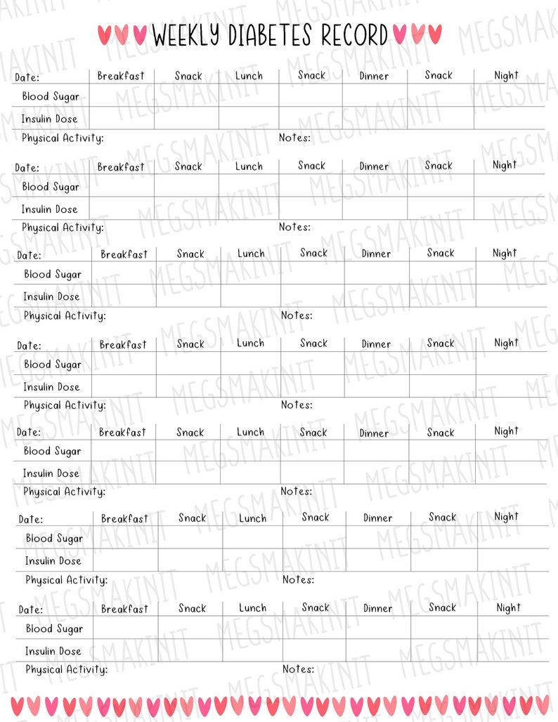 Printable Weekly Diabetes Record JPEG Digital File - Etsy