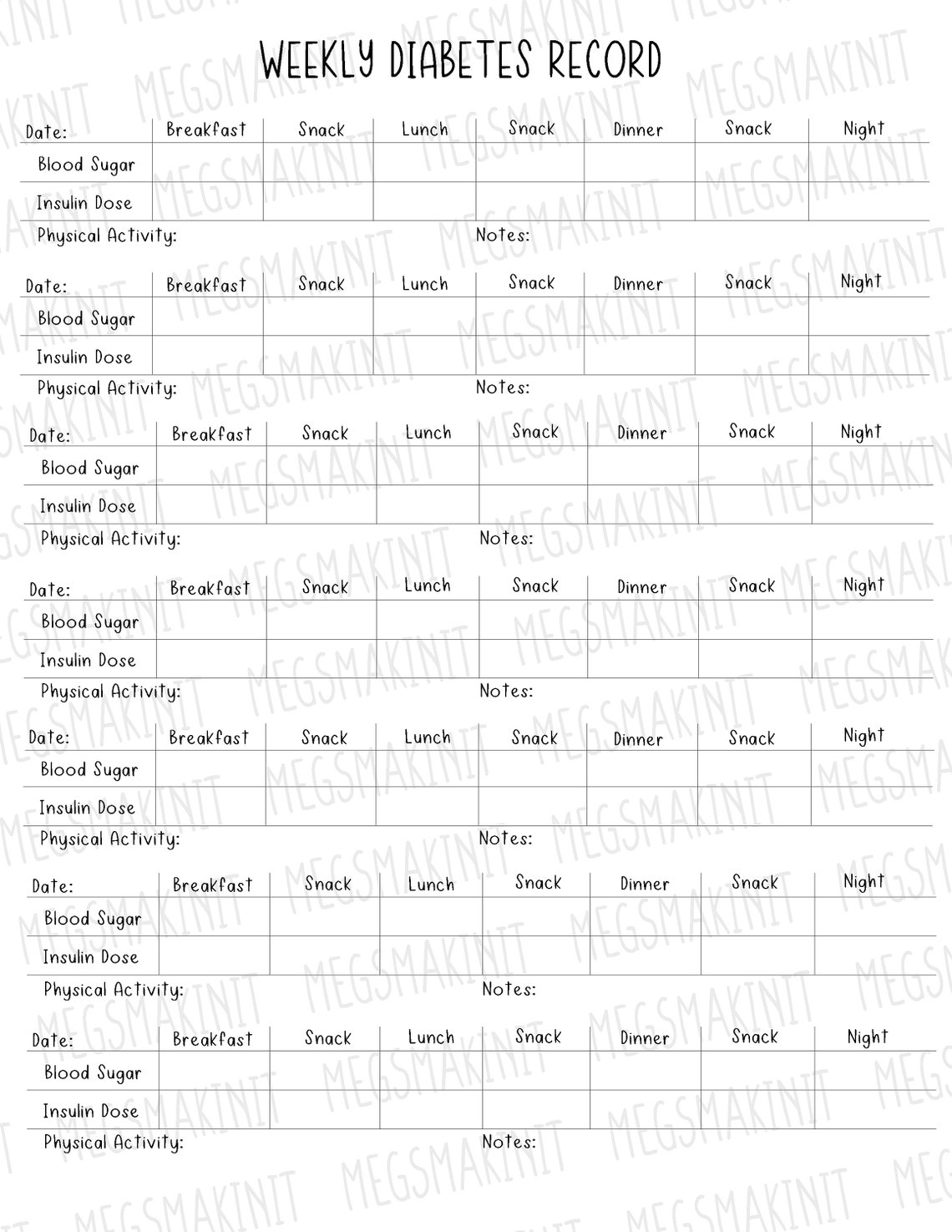 Printable Weekly Diabetes Record JPEG Digital File - Etsy