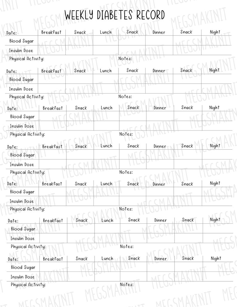 Printable Weekly Diabetes Record JPEG Digital File - Etsy