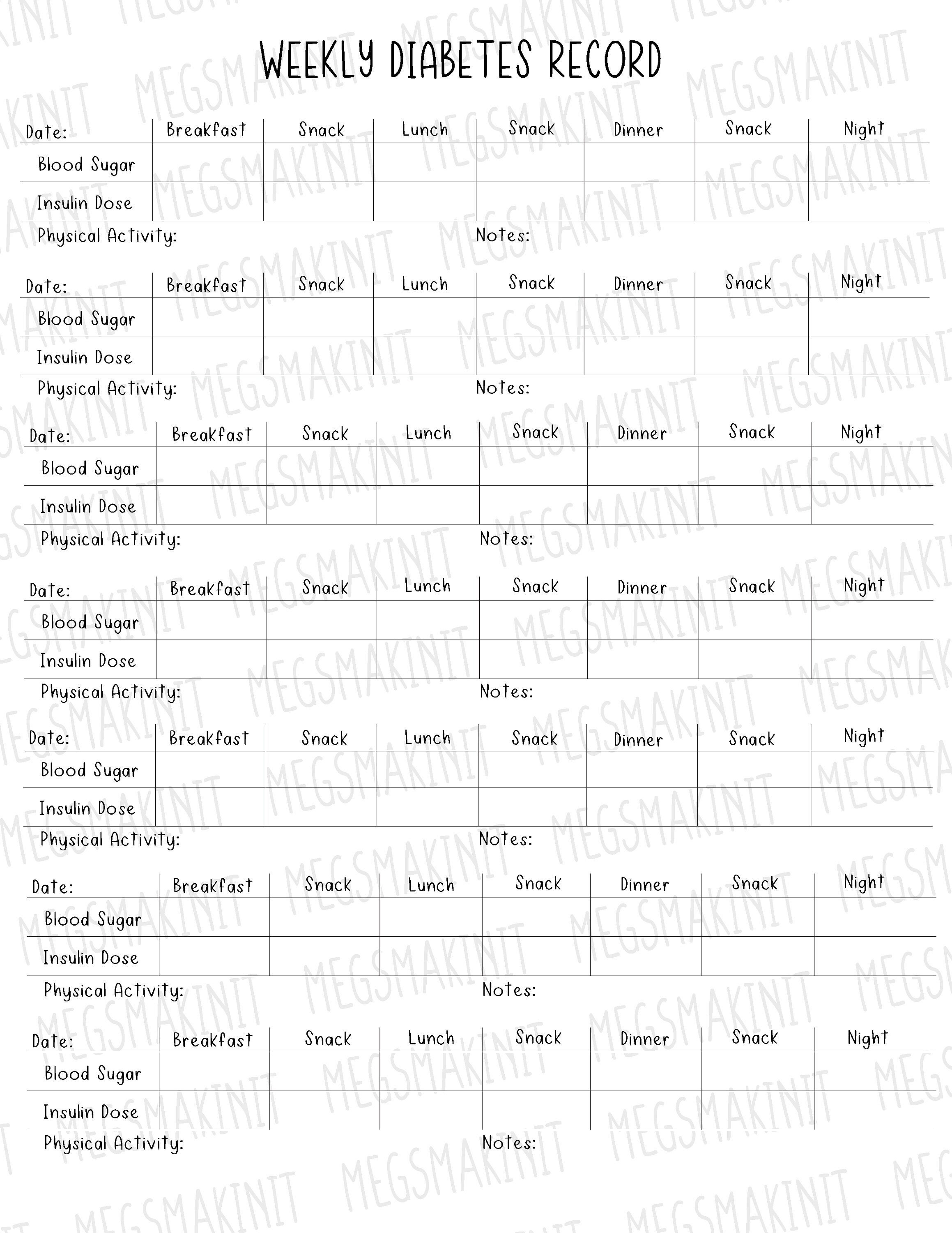 Printable Weekly Diabetes Record JPEG Digital File - Etsy