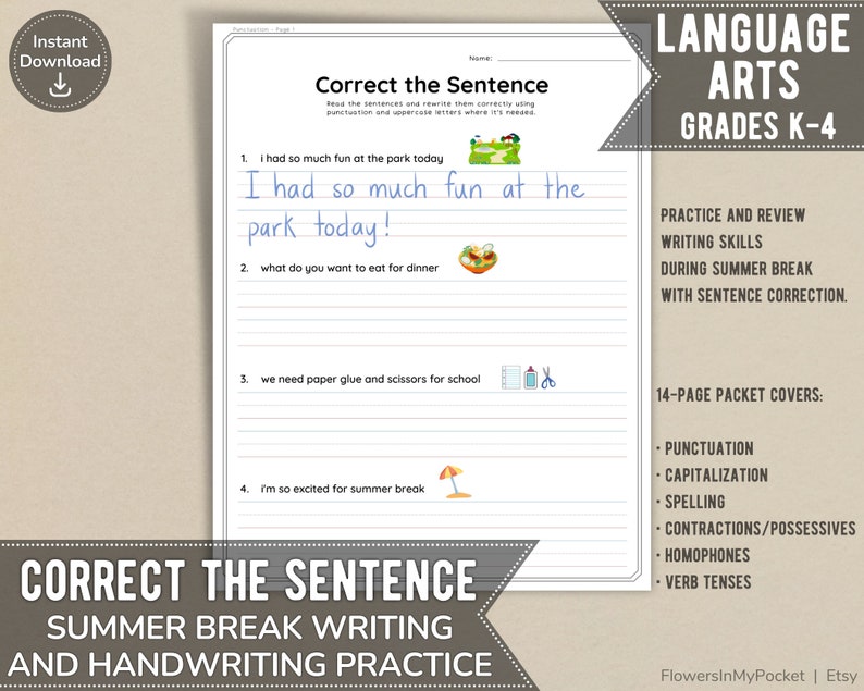 Correct the Sentence Printable Worksheets | Summer Break Writing ...