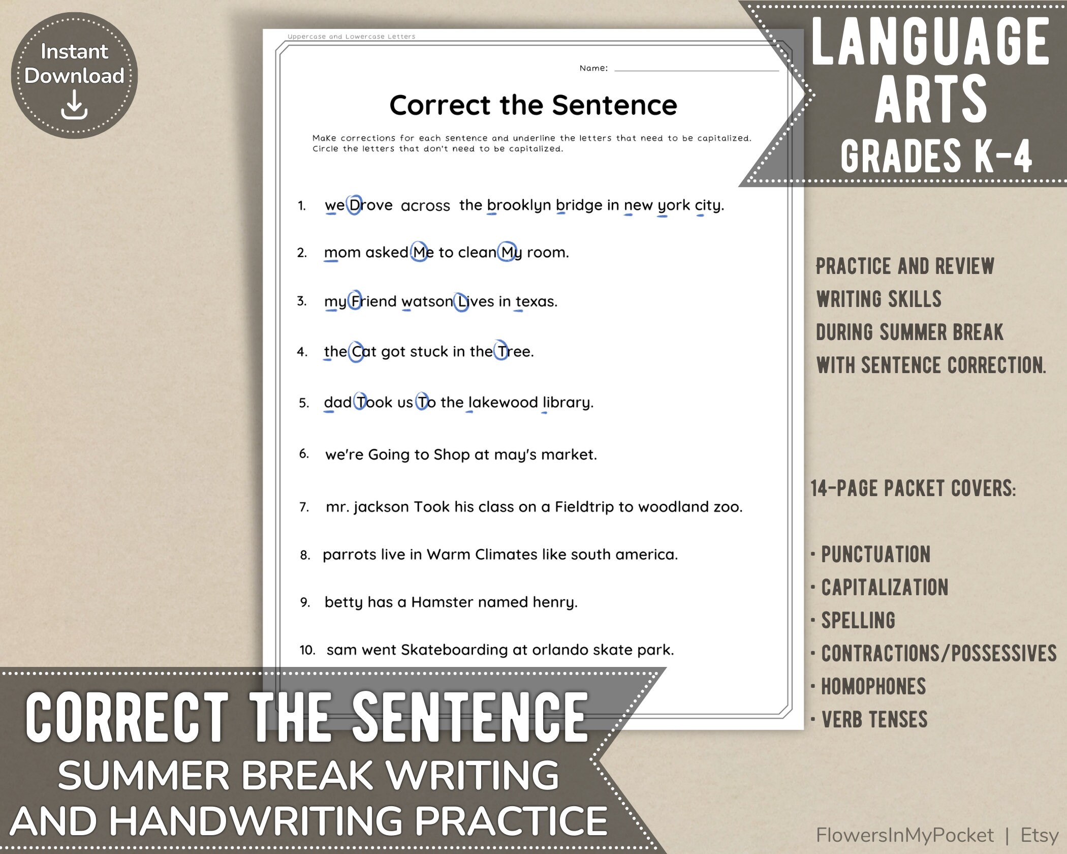 Correct the Sentence Printable Worksheets | Summer Break Writing ...