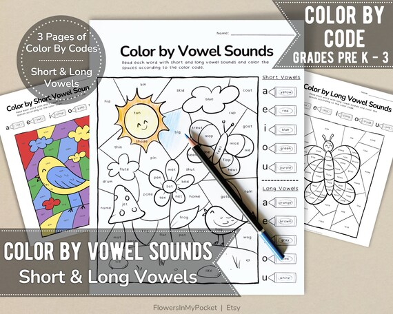 Color by Code Short & Long Vowels Printable Worksheets - Etsy