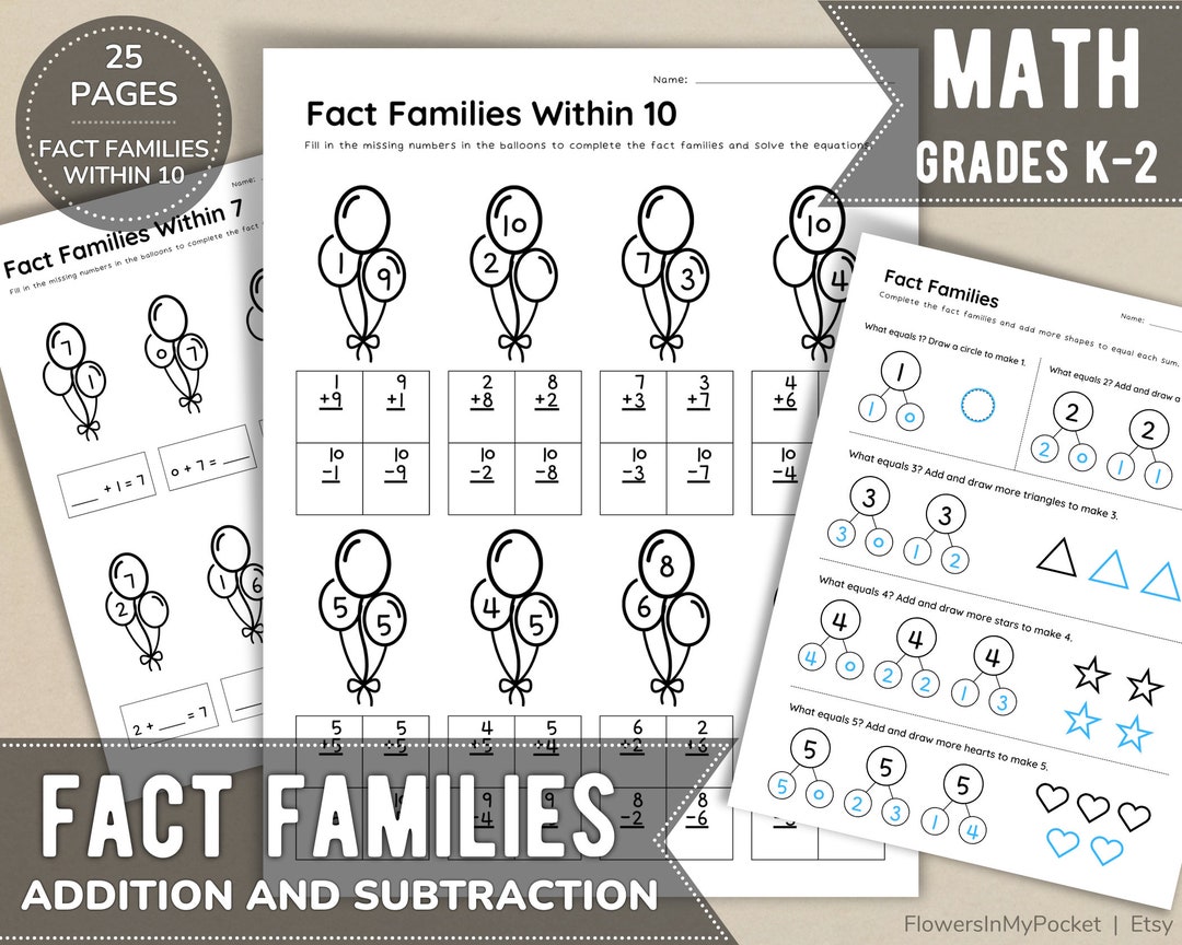 Fact Families Within Ten 25 Printable Worksheets Addition/subtraction ...