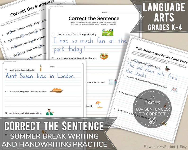 Correct the Sentence Printable Worksheets Summer Break | Etsy