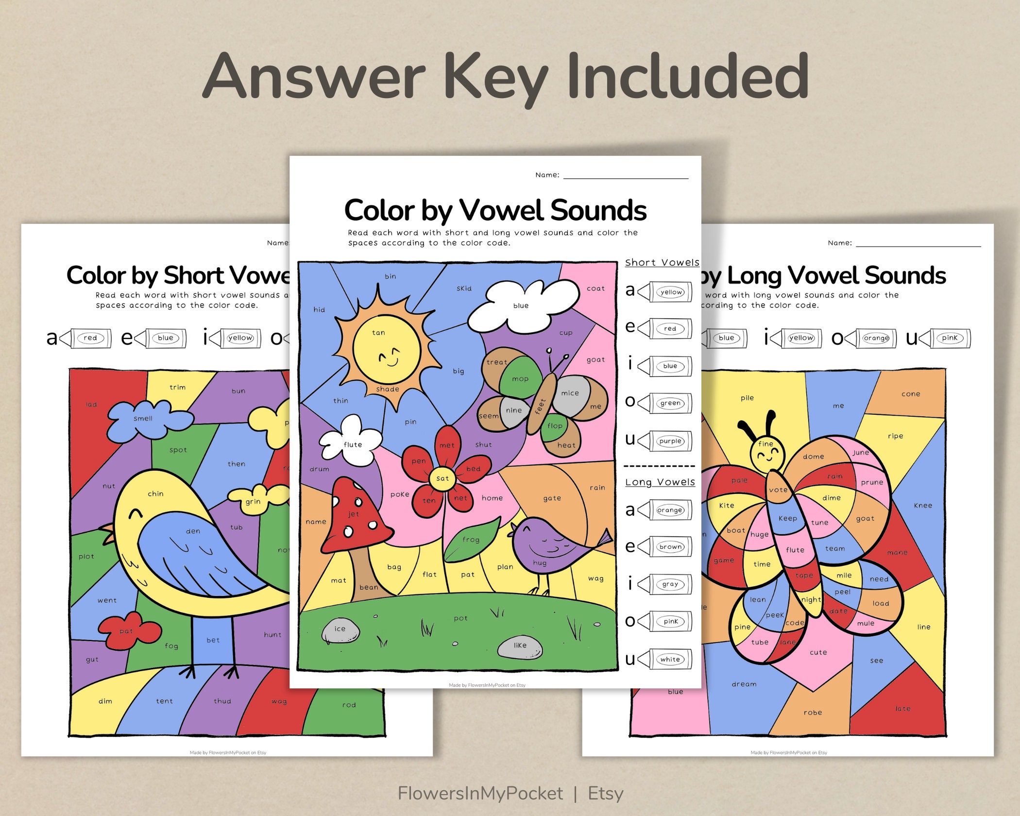 Color by Code - Short & Long Vowels Printable Worksheets | Phonics ...