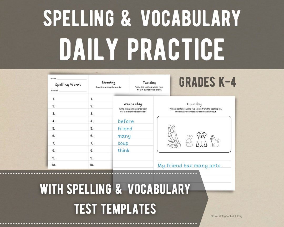 Spelling & Vocabulary Daily Practice With Test Templates - Grades K-4 ...