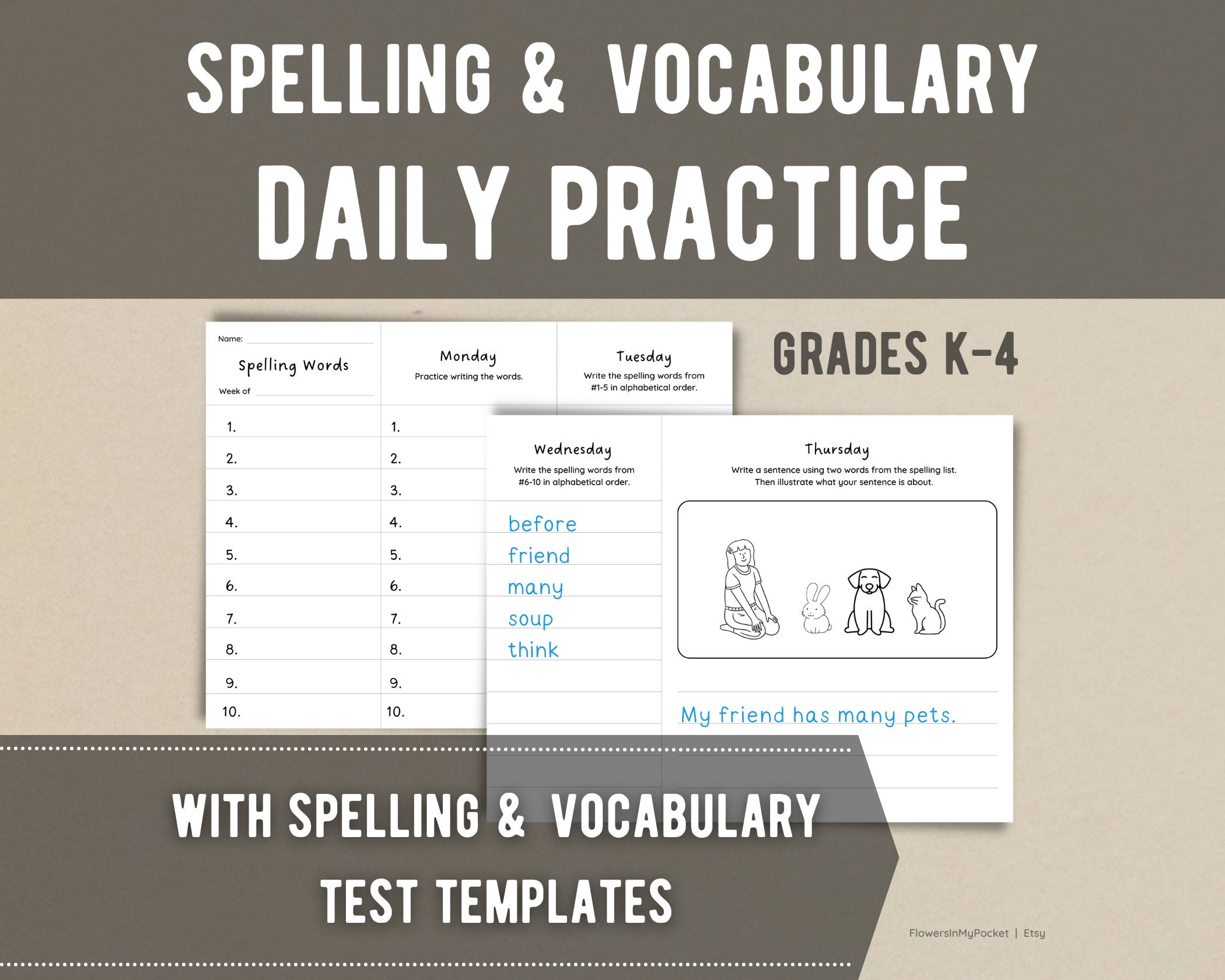 Spelling & Vocabulary Daily Practice With Test Templates - Grades K-4 ...
