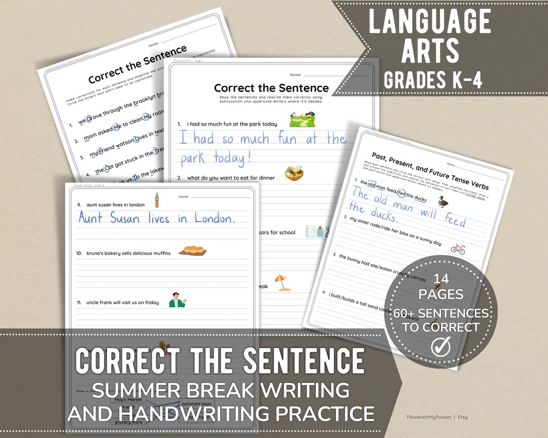 Correct the Sentence Printable Worksheets | Summer Break Writing ...