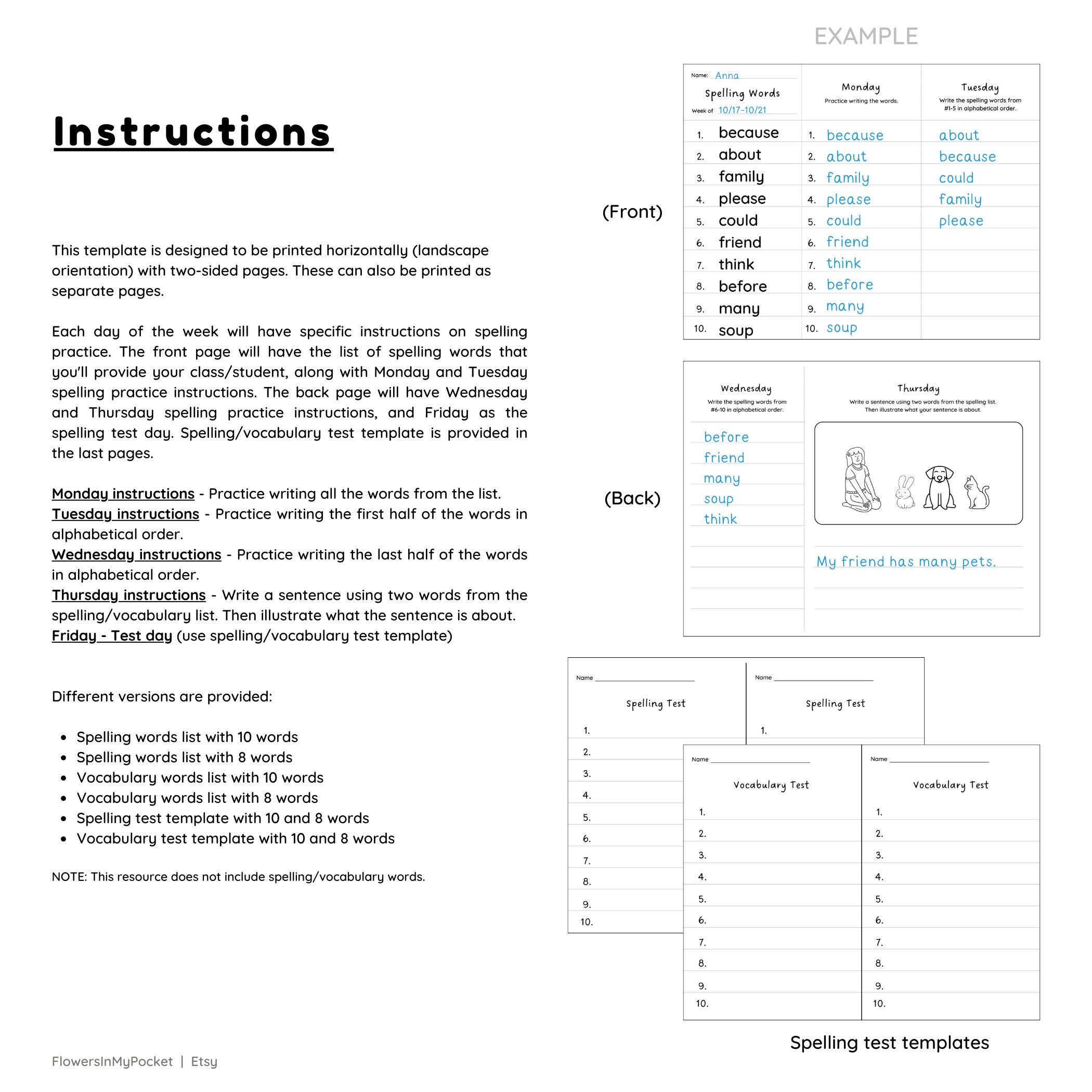 Spelling & Vocabulary Daily Practice With Test Templates - Grades K-4 ...