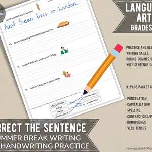 Correct the Sentence Printable Worksheets | Summer Break Writing ...