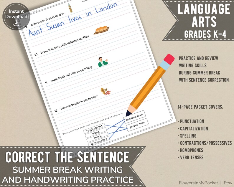Correct the Sentence Printable Worksheets Summer Break Writing Practice ...
